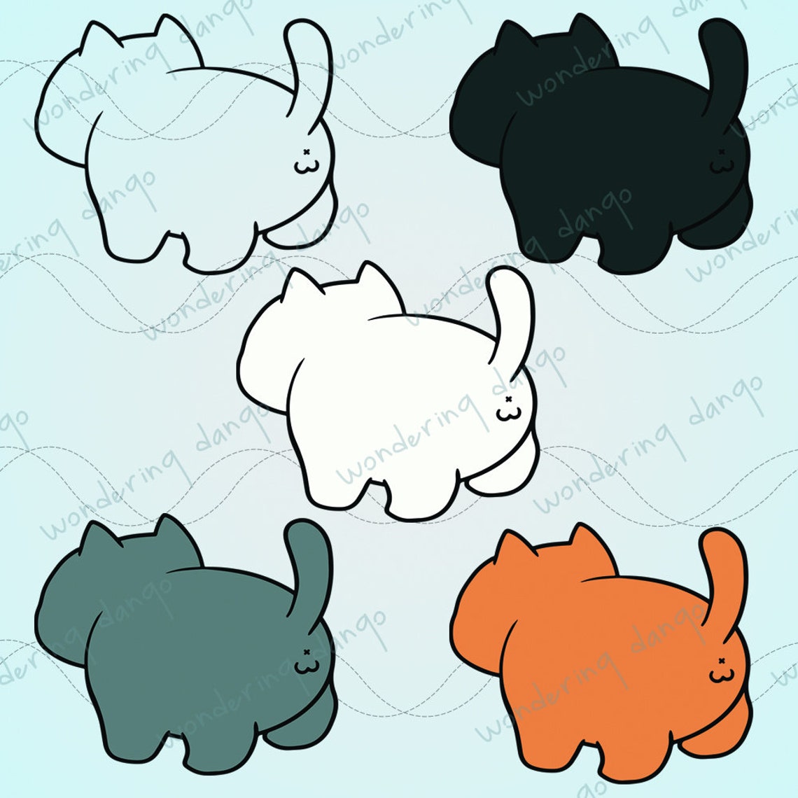 Cute Hand Drawn Cat Show off Butt in Various Colors and Patterns Doodle ...