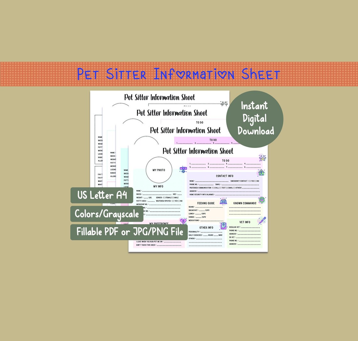 Pet Sitting Information Sheet Fillable Form Template | Instant Download ...