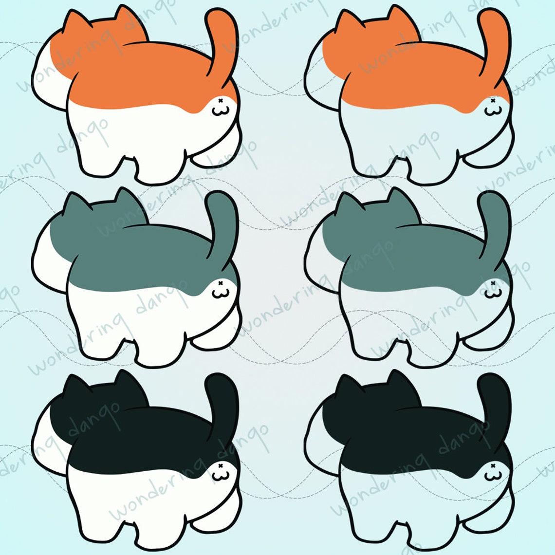 Cute Hand Drawn Cat Show off Butt in Various Colors and Patterns Doodle ...