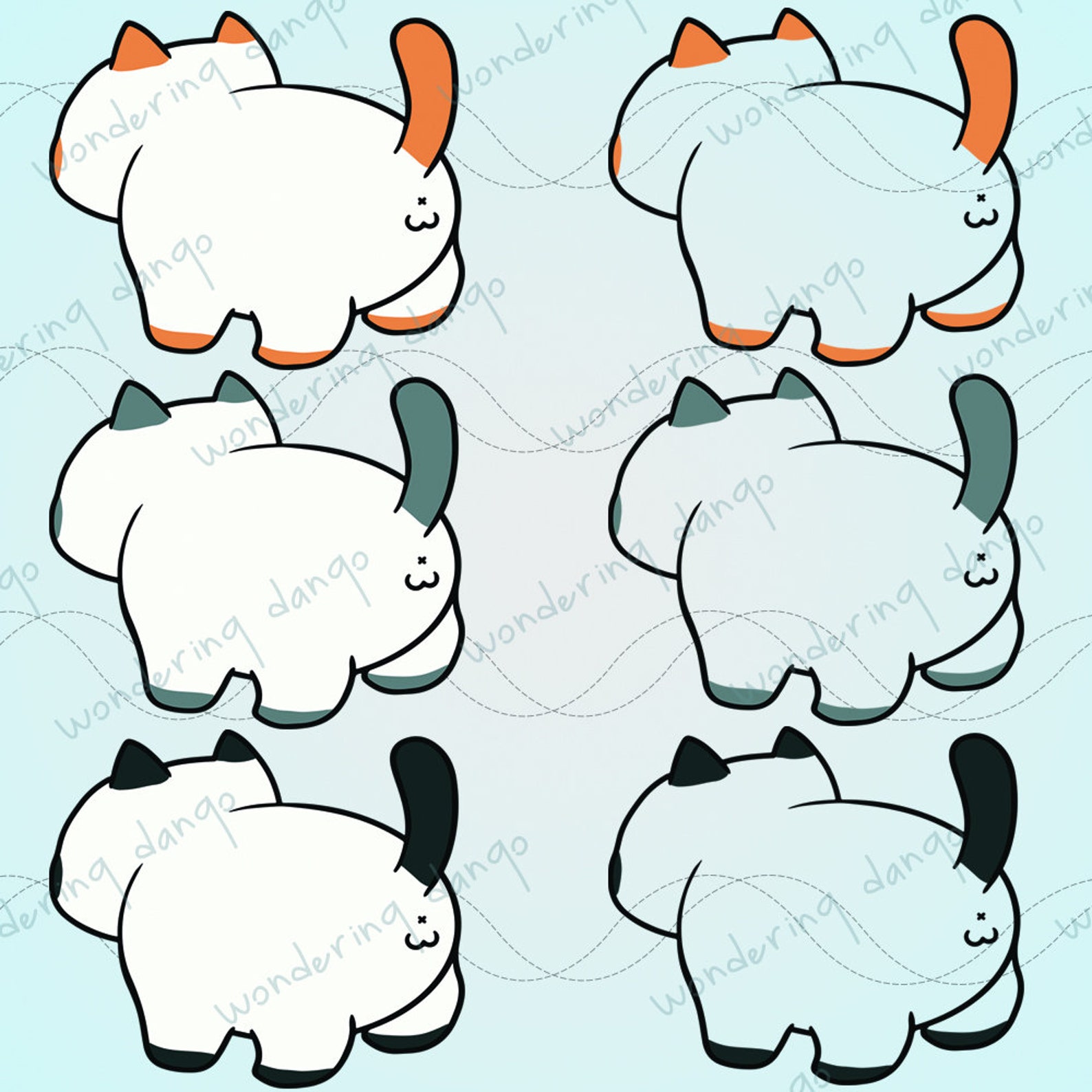 Cute Hand Drawn Cat Show off Butt in Various Colors and Patterns Doodle ...