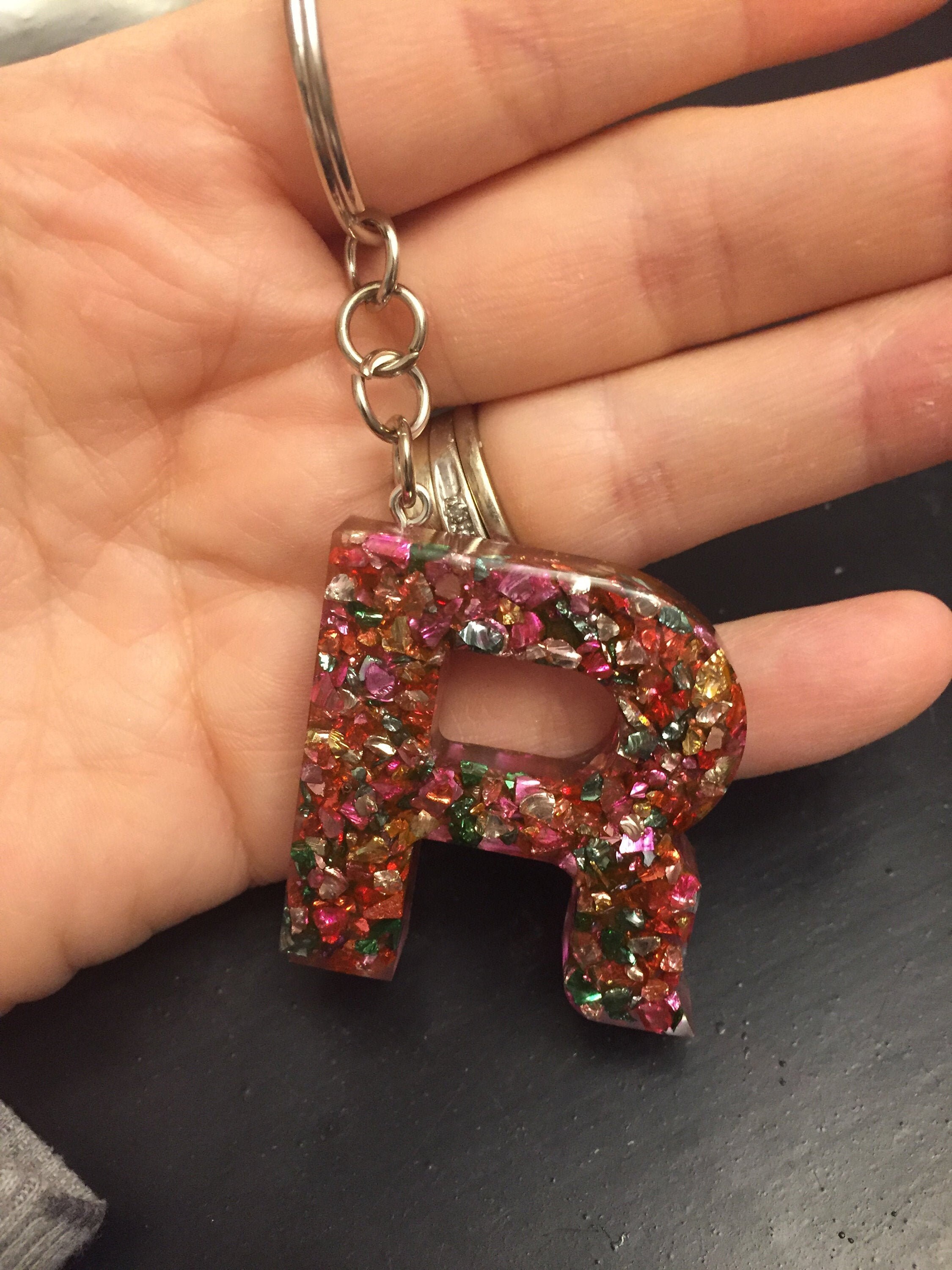 Letter R with colourful shards on a silver keychain/keyring | Etsy