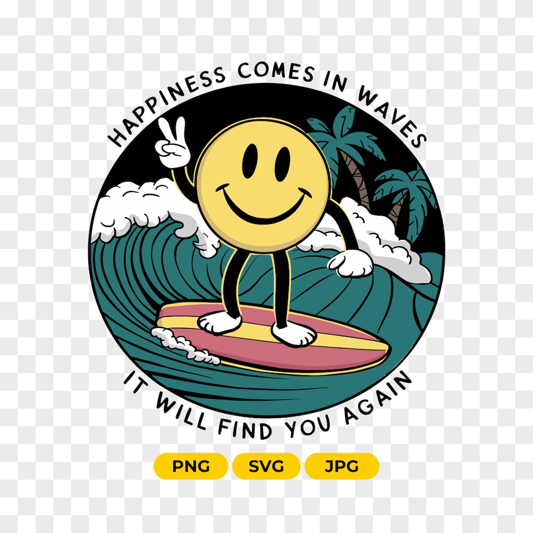 Happiness Comes in Waves Svg Png, Retro Beach Smiley Surfing, Vacay ...