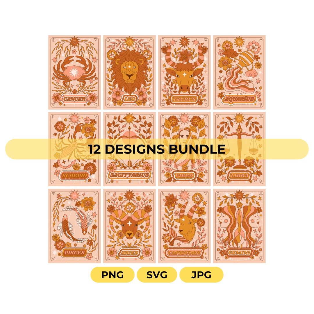 Zodiac Cards SVG, Zodiac Sign Cards Svg, Vintage Retro Zodiac Tarot ...