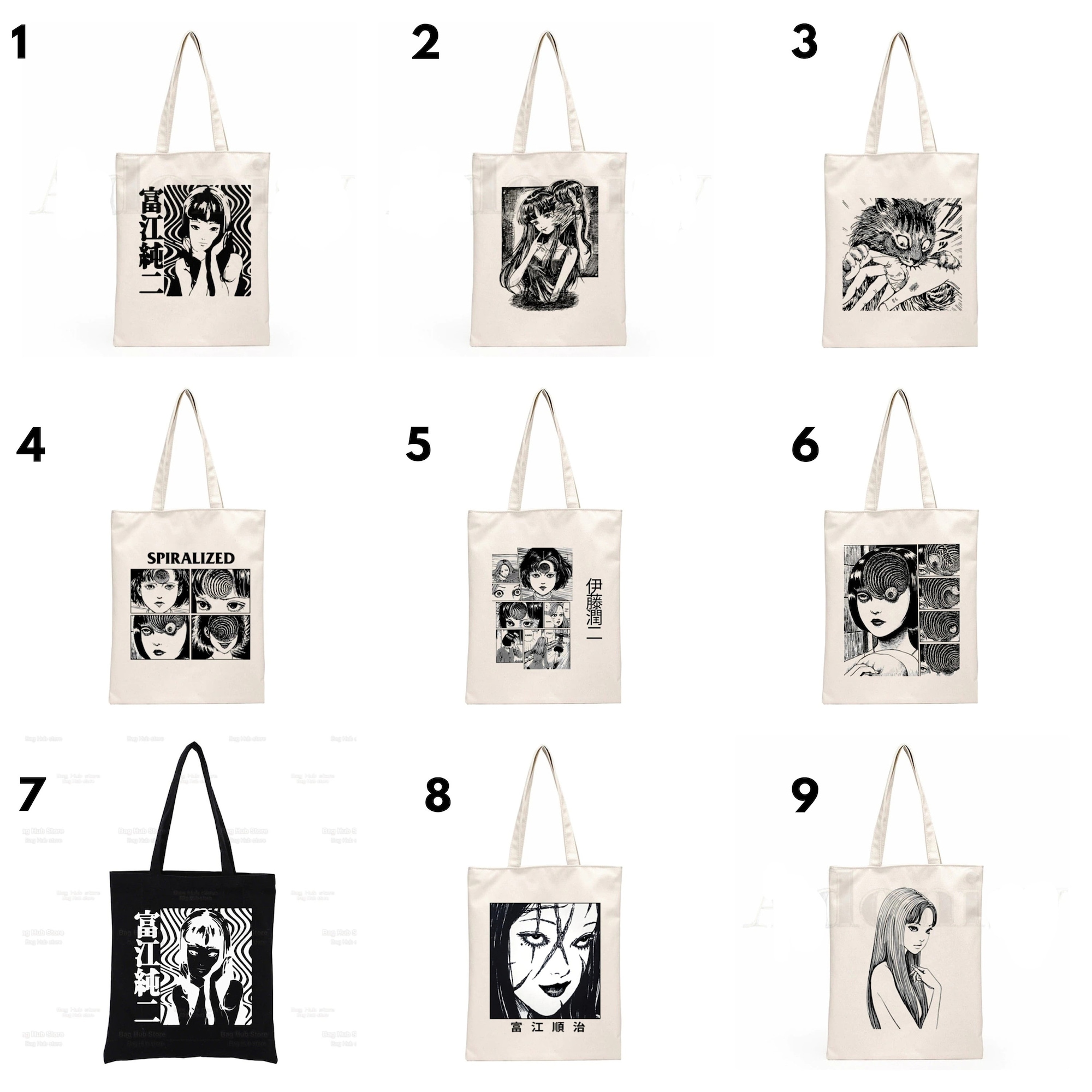 Reusable Canvas Carry Bags, Anime Tote Bags, Junji Ito Tote Bags
