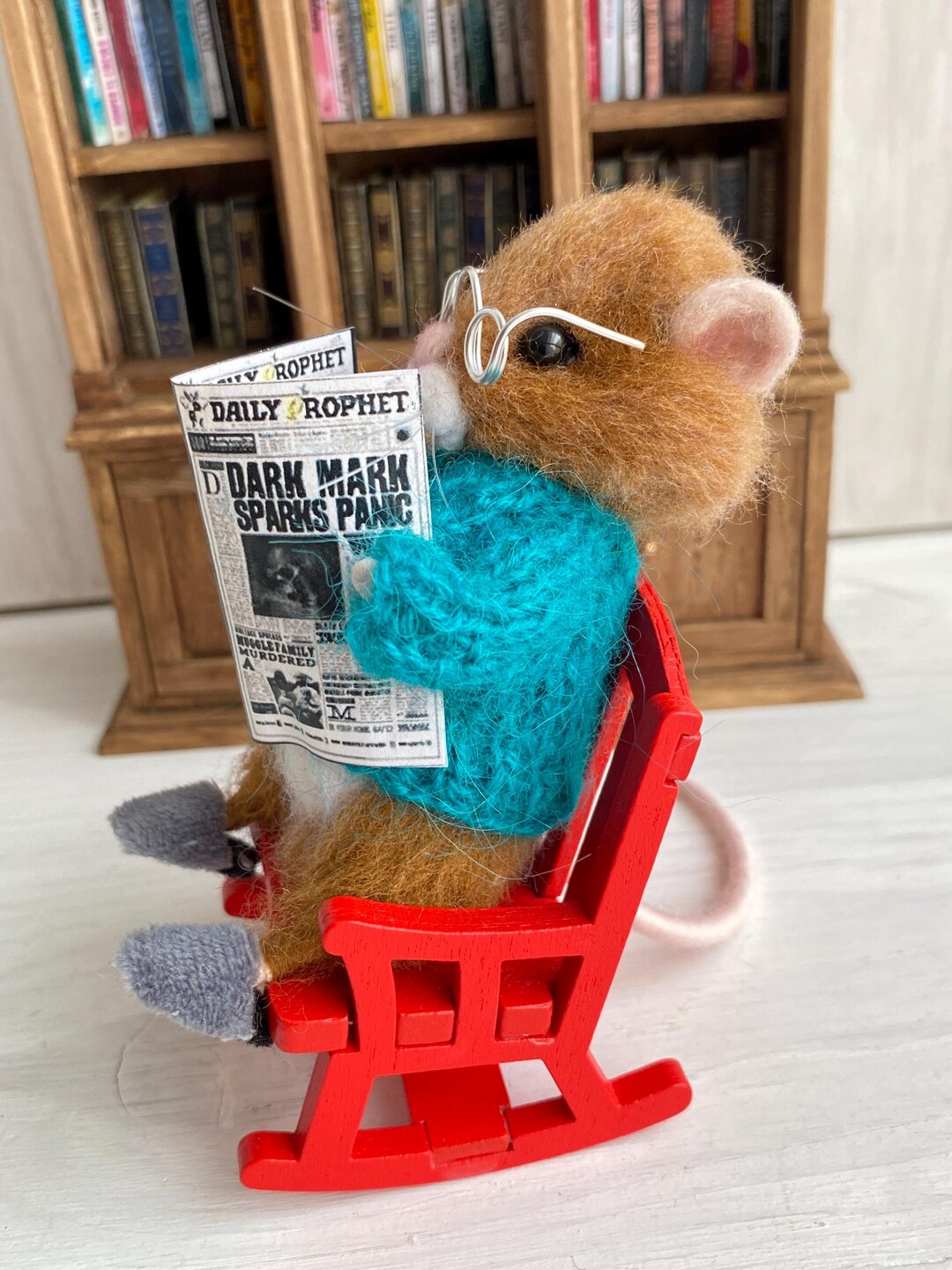 Needle Felted Mouse in Rocking Chair With Newspaper Felted Mr Mouse ...