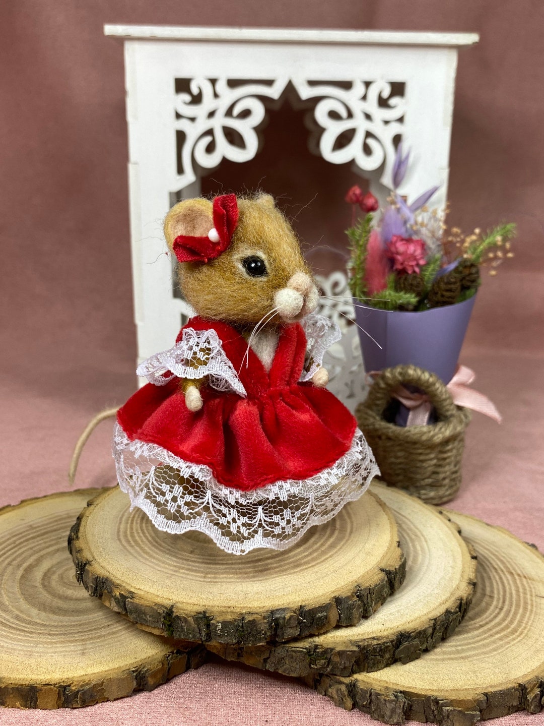 Needle Felt Lady Mouse Felted Mouse in Red Dress Mouse Birthday Gift ...