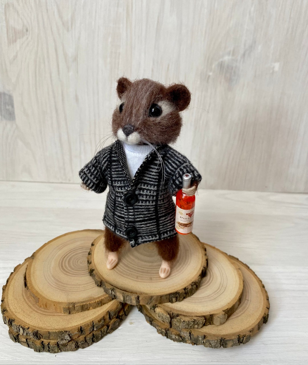 Needle Felted Mouse in Clothes With Bottle of Wine Felted Brown Mouse ...