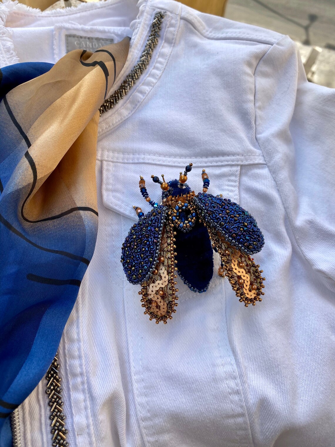 Indigo & Bronze Egyptian Scarab Beetle, Handcrafted Beaded Insect Pin ...