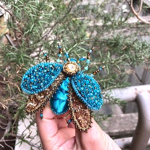 Aquamarine & Bronze Egyptian Scarab Beetle, Handcrafted Beaded Insect ...
