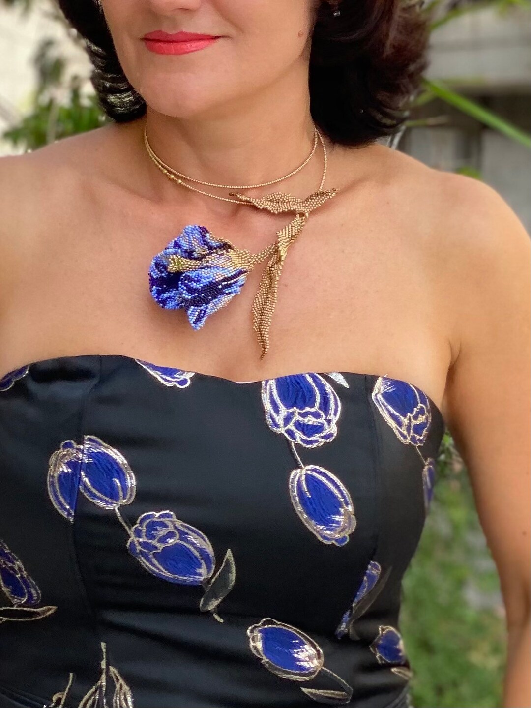 Blue & Gold Tulip Beaded Necklace, Beaded Flower Statement Choker ...