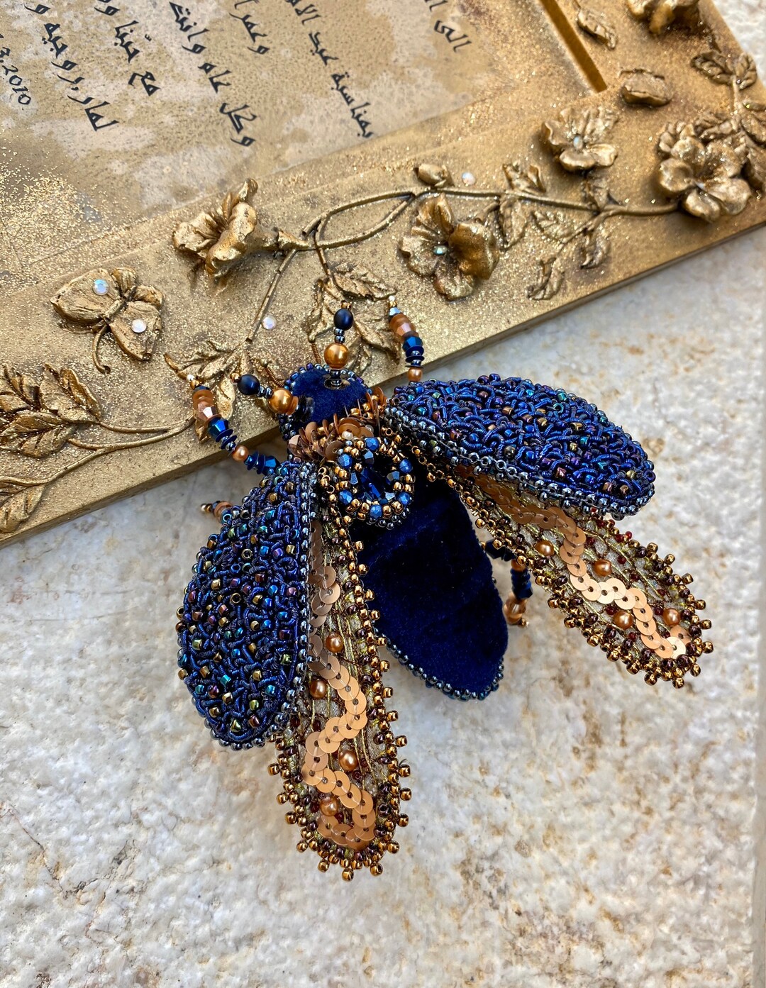 Indigo & Bronze Egyptian Scarab Beetle, Handcrafted Beaded Insect Pin ...