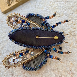 Indigo & Bronze Egyptian Scarab Beetle, Handcrafted Beaded Insect Pin ...
