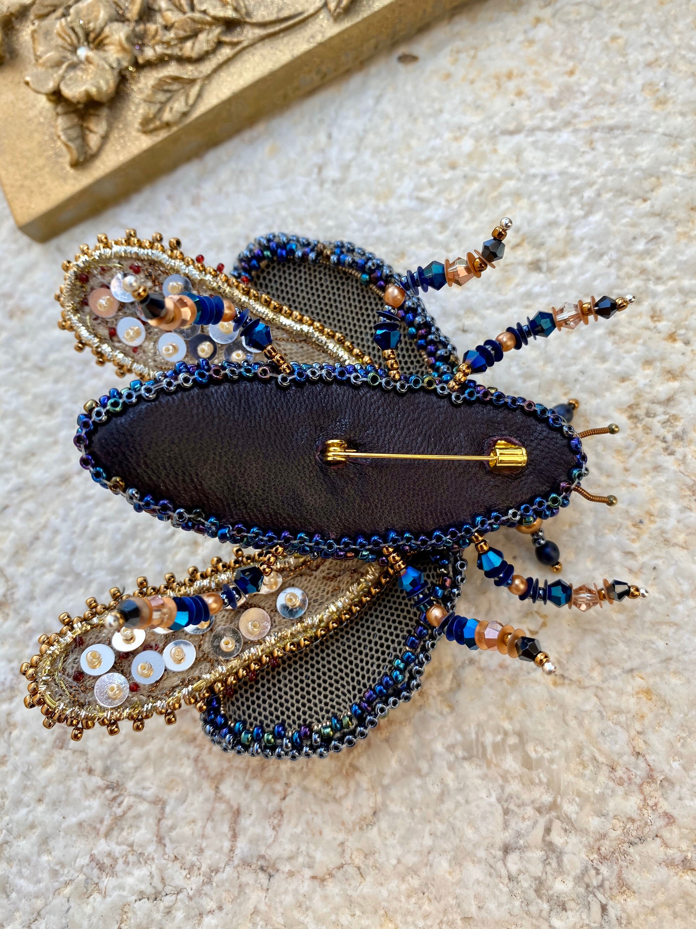 Indigo & Bronze Egyptian Scarab Beetle, Handcrafted Beaded Insect Pin ...