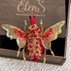 Goliath Beetle Brooch, Red Scarlet & Gold Big Beetle Pin , Insect ...
