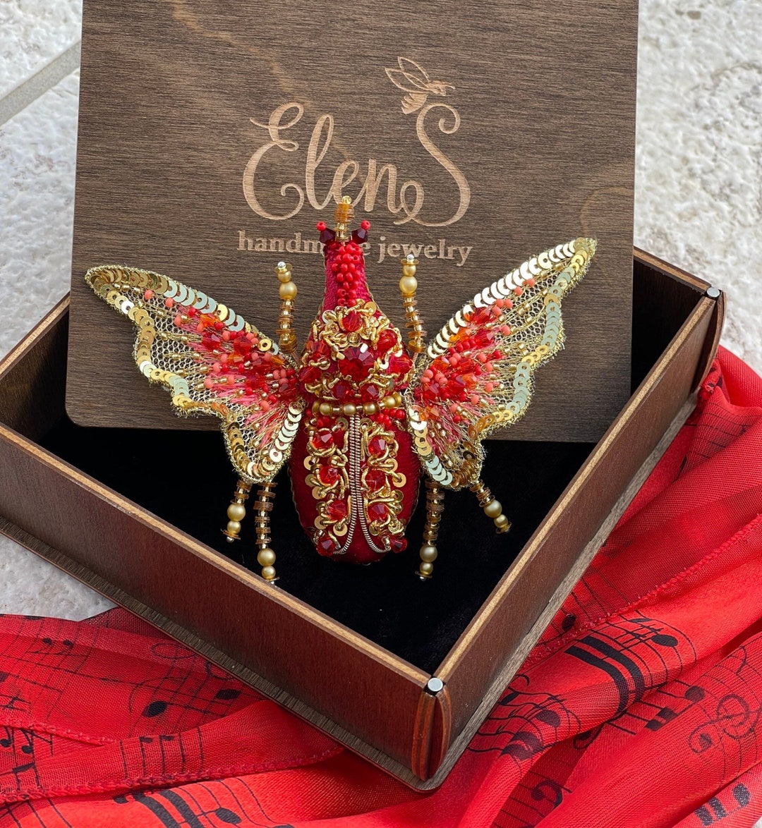 Goliath Beetle Brooch, Red Scarlet & Gold Big Beetle Pin , Insect ...