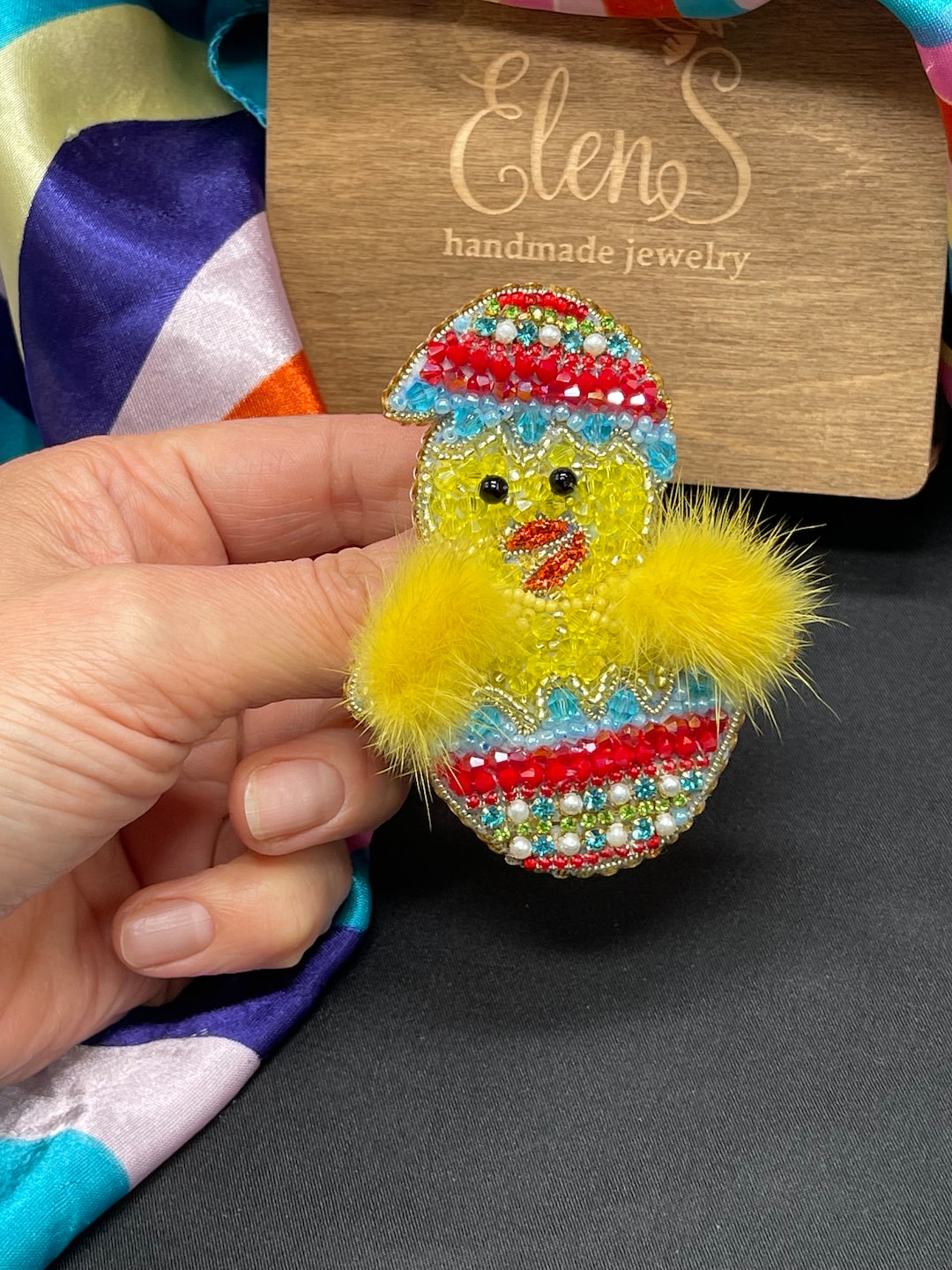 Easter Brooch Baby Chick in an Egg, Beaded Colorful Big Easter Brooch ...