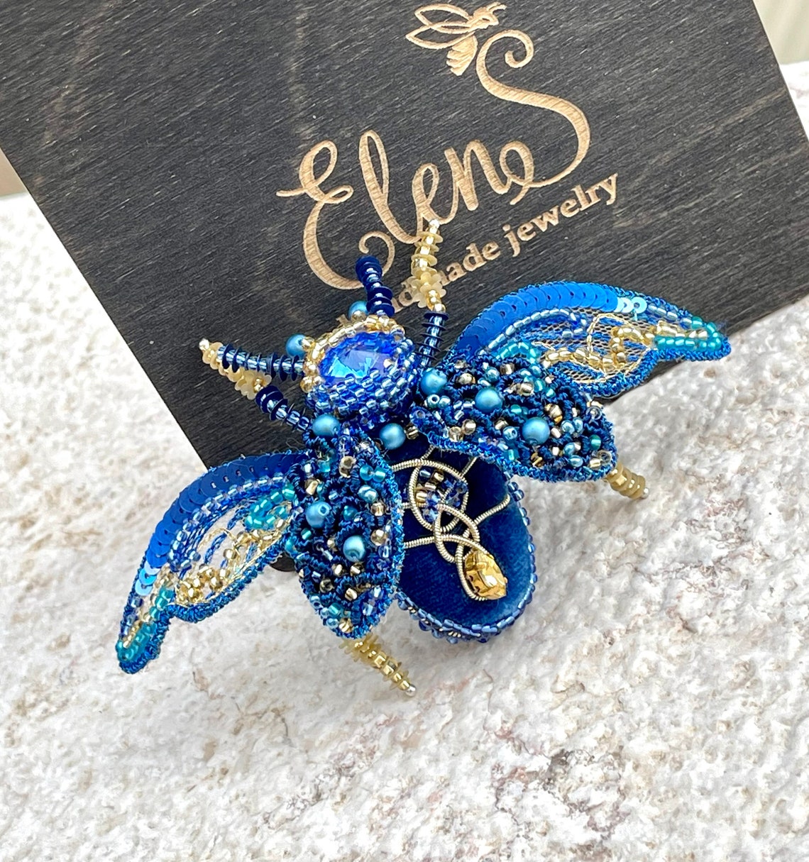 Royal Blue & Gold Egyptian Revival Scarab Beetle Brooch Pin Beaded ...