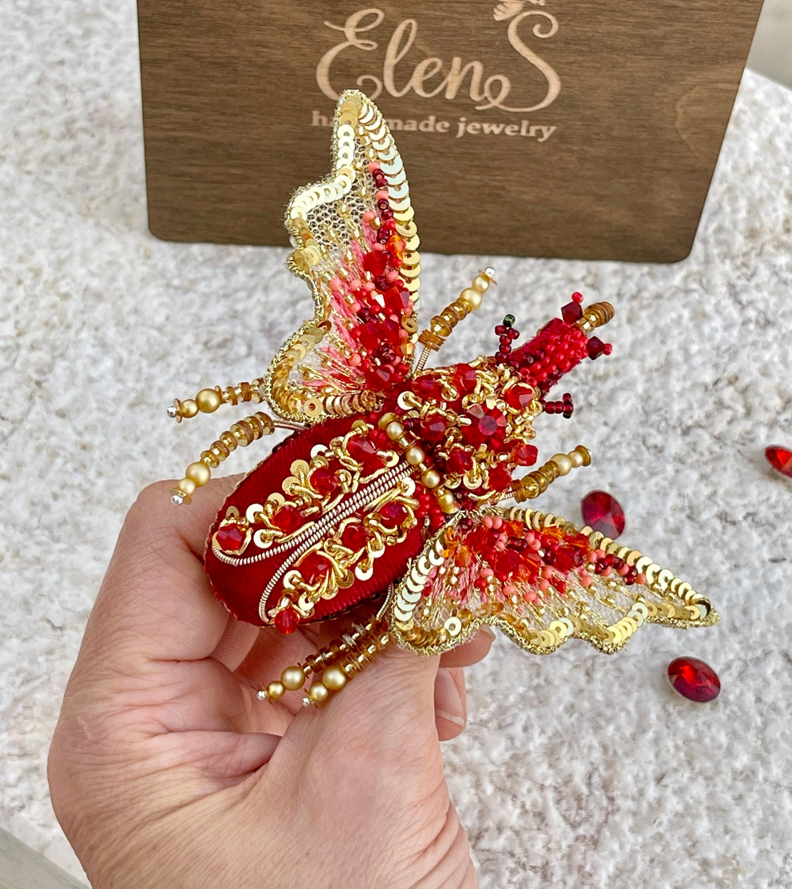 Goliath Beetle Brooch, Red Scarlet & Gold Big Beetle Pin , Insect ...