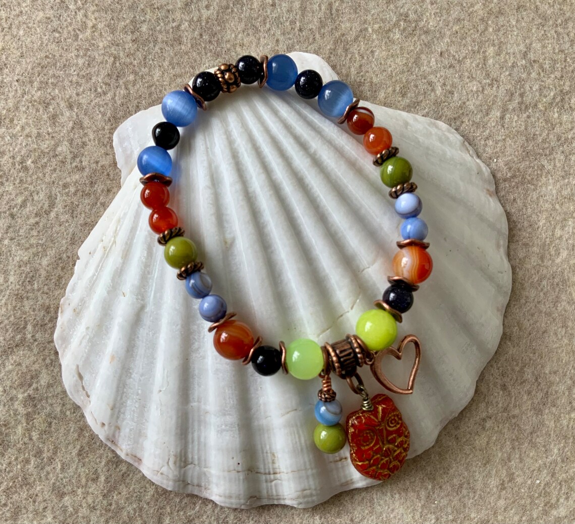 Blue, Rust and Green Beaded Bracelets, Four Bracelet Set, Gemstone ...