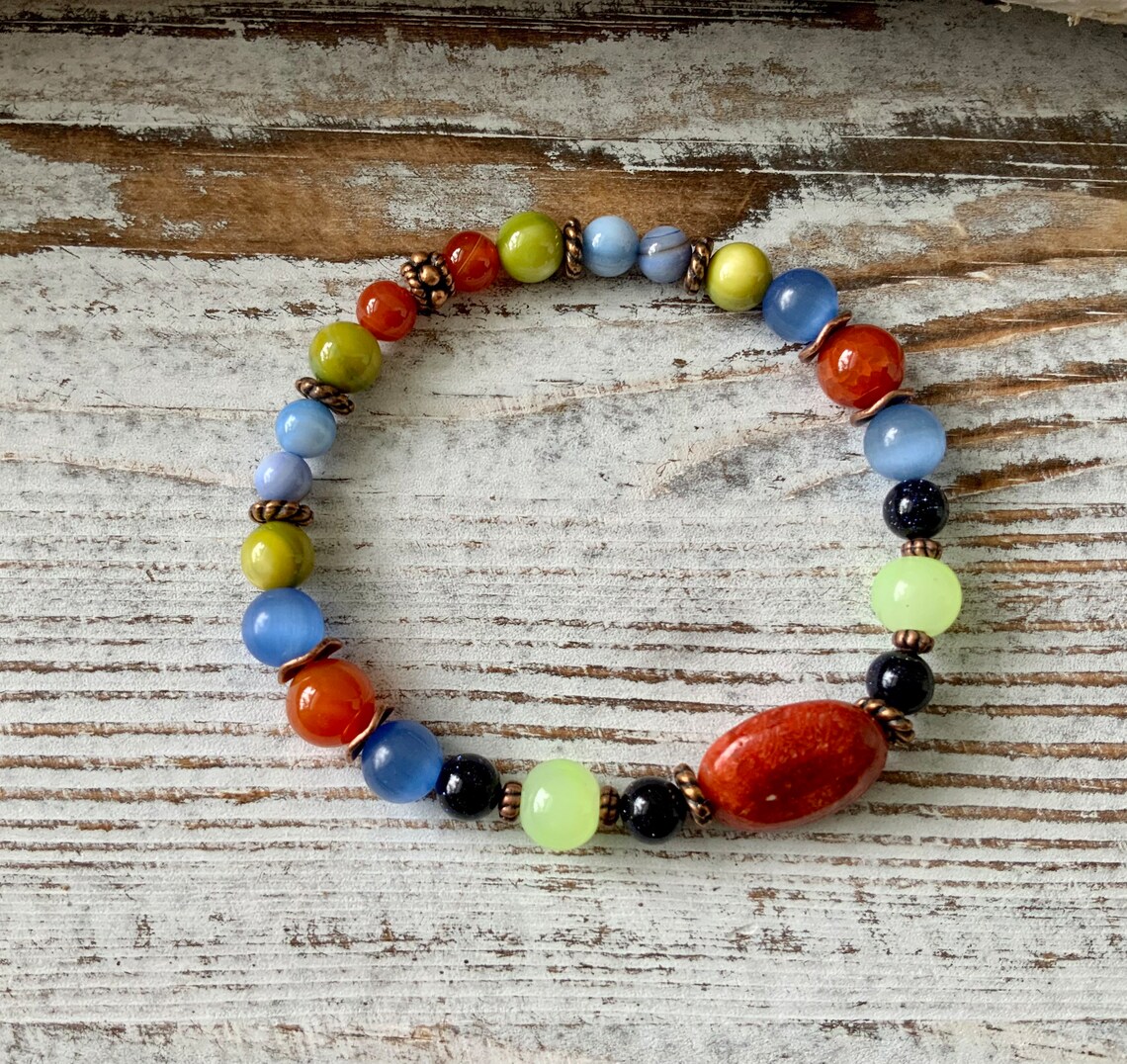 Blue, Rust and Green Beaded Bracelets, Four Bracelet Set, Gemstone ...