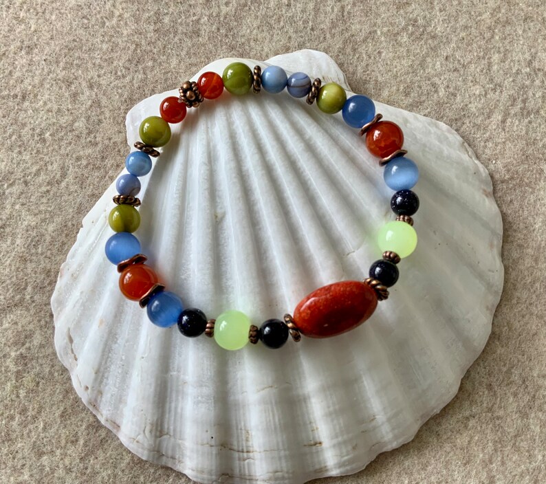 Blue, Rust and Green Beaded Bracelets, Four Bracelet Set, Gemstone ...