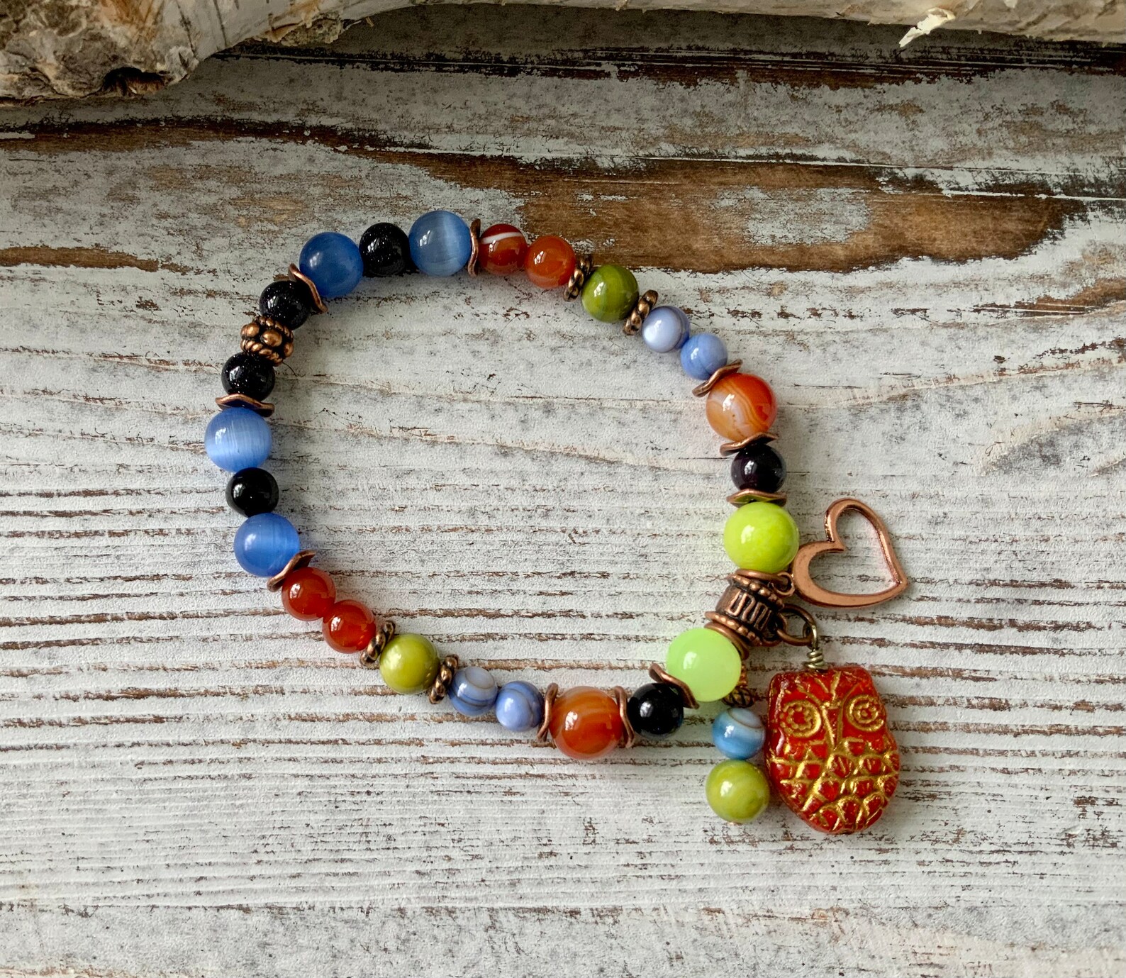 Blue, Rust and Green Beaded Bracelets, Four Bracelet Set, Gemstone ...