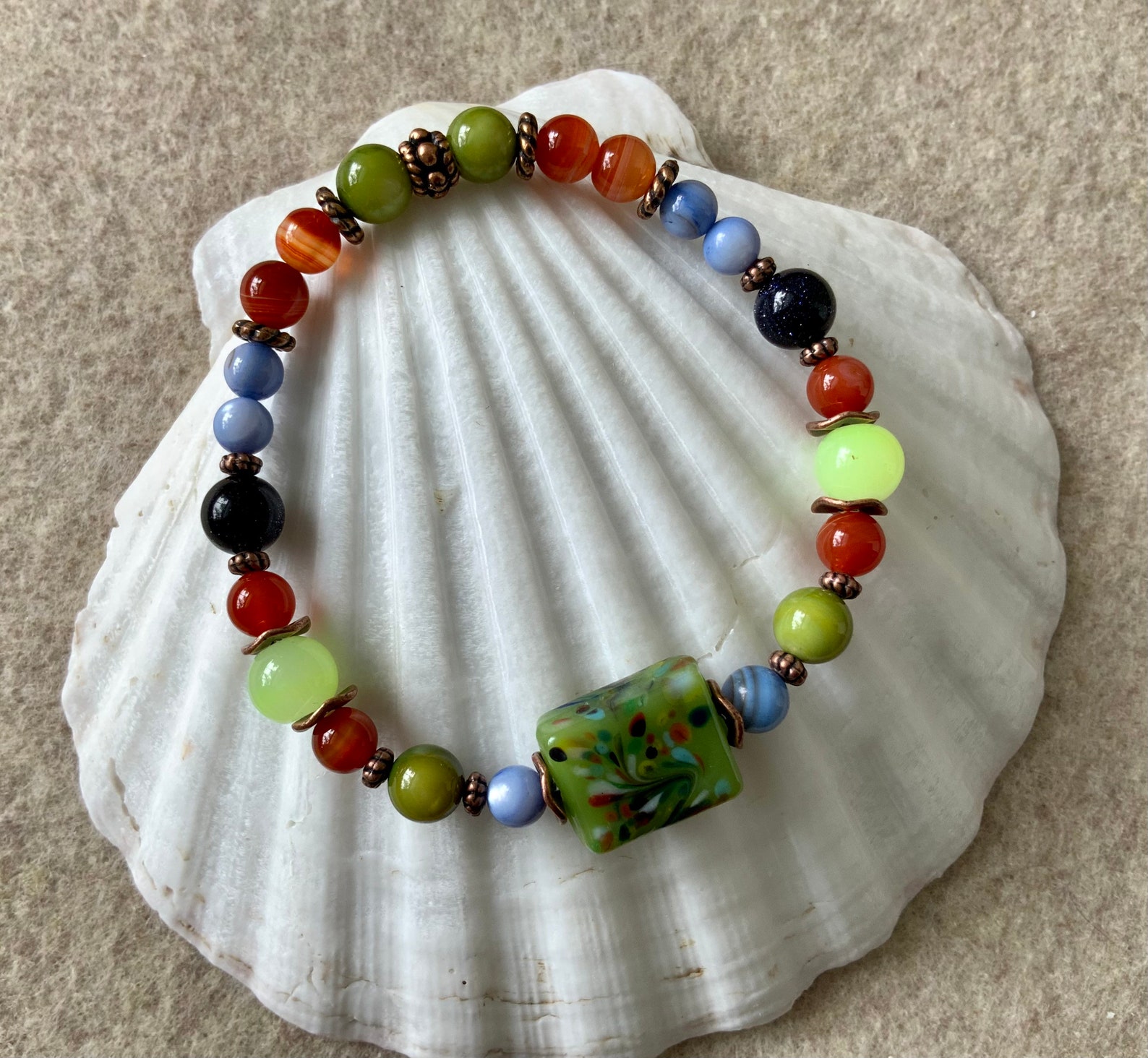 Blue, Rust and Green Beaded Bracelets, Four Bracelet Set, Gemstone ...