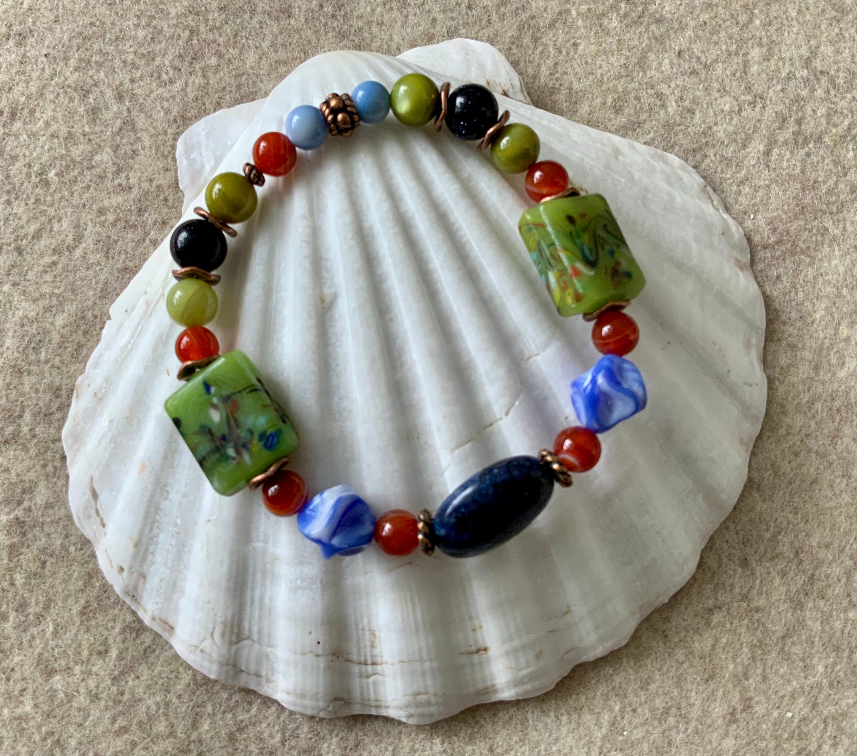 Blue, Rust and Green Beaded Bracelets, Four Bracelet Set, Gemstone ...