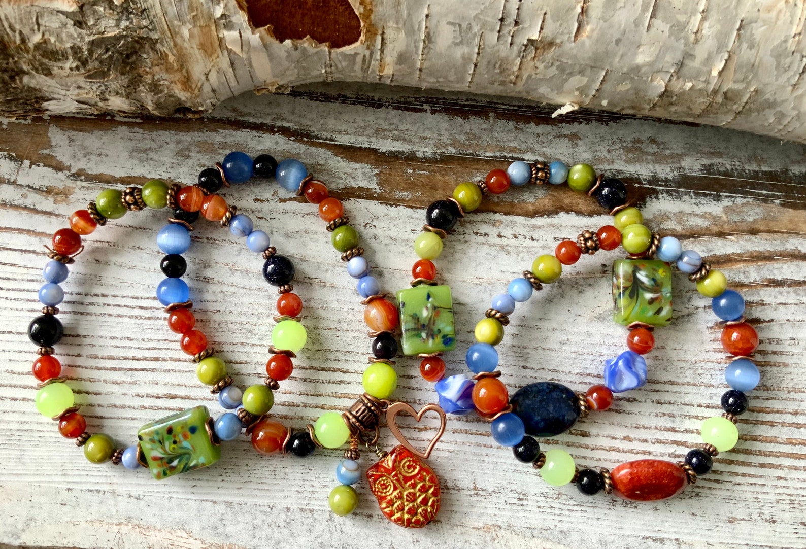 Blue, Rust and Green Beaded Bracelets, Four Bracelet Set, Gemstone ...