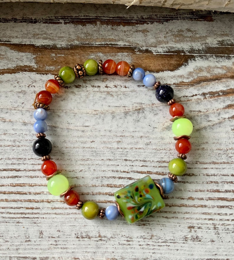Blue, Rust and Green Beaded Bracelets, Four Bracelet Set, Gemstone ...