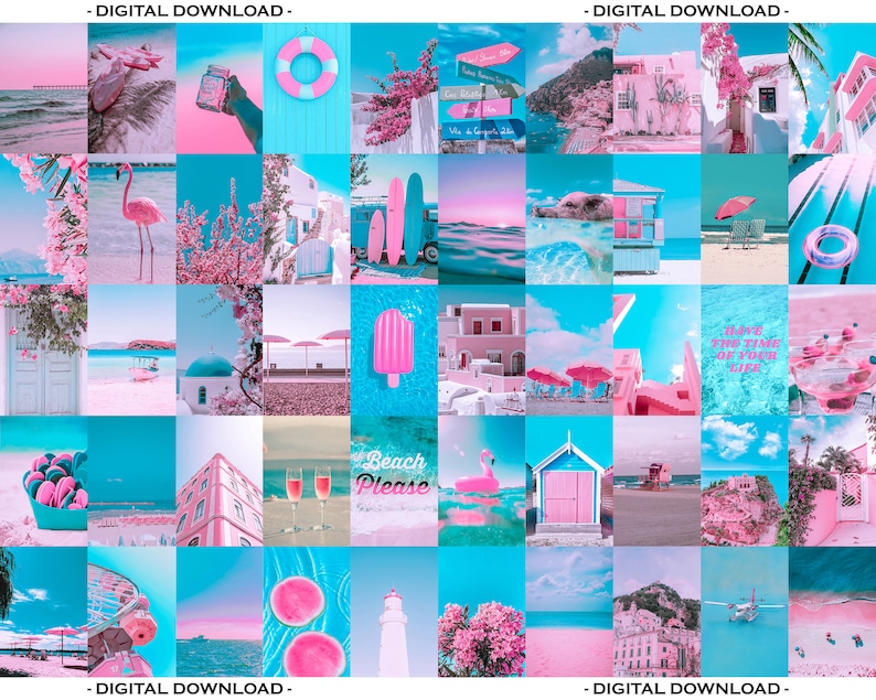 Pink Blue Collage 50 PCS, Beach Collage, Summer Collage, Pink Teal ...