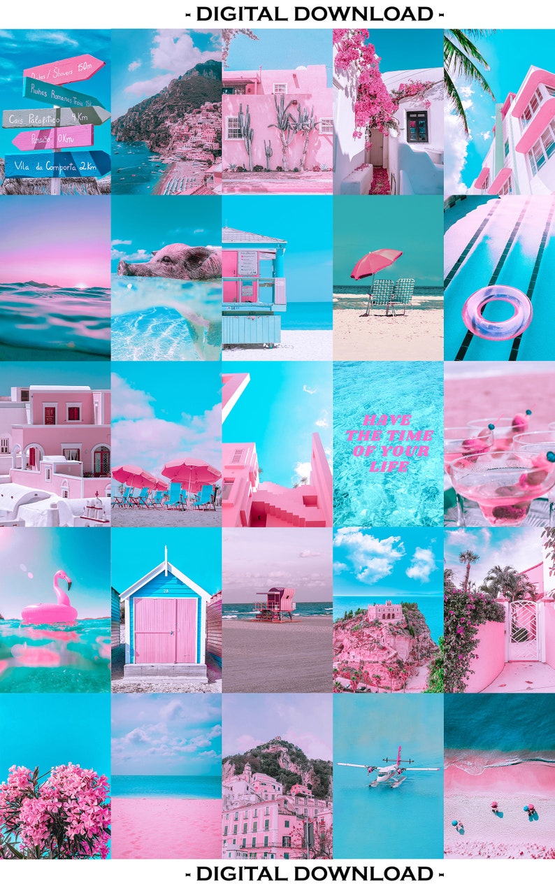 Pink Blue Collage 50 PCS, Beach Collage, Summer Collage, Pink Teal ...