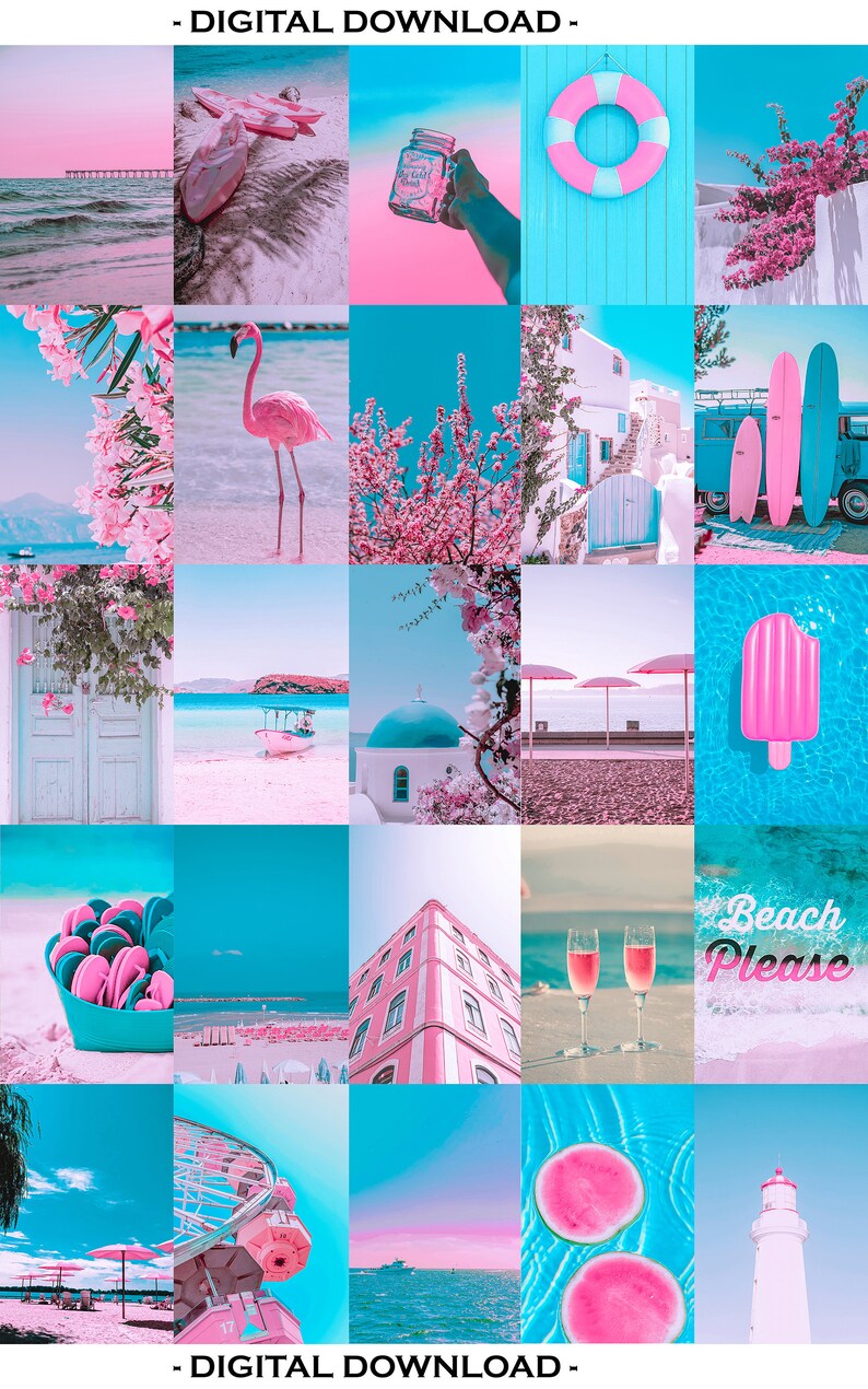 Pink Blue Collage 50 PCS, Beach Collage, Summer Collage, Pink Teal ...