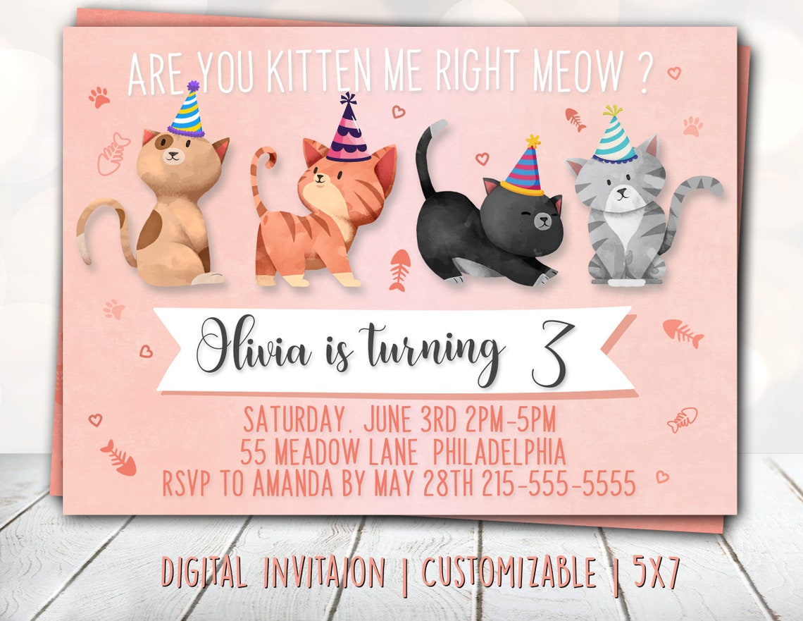 Kitten Birthday Invitation Cat Invitation Kitty Cat Are You - Etsy