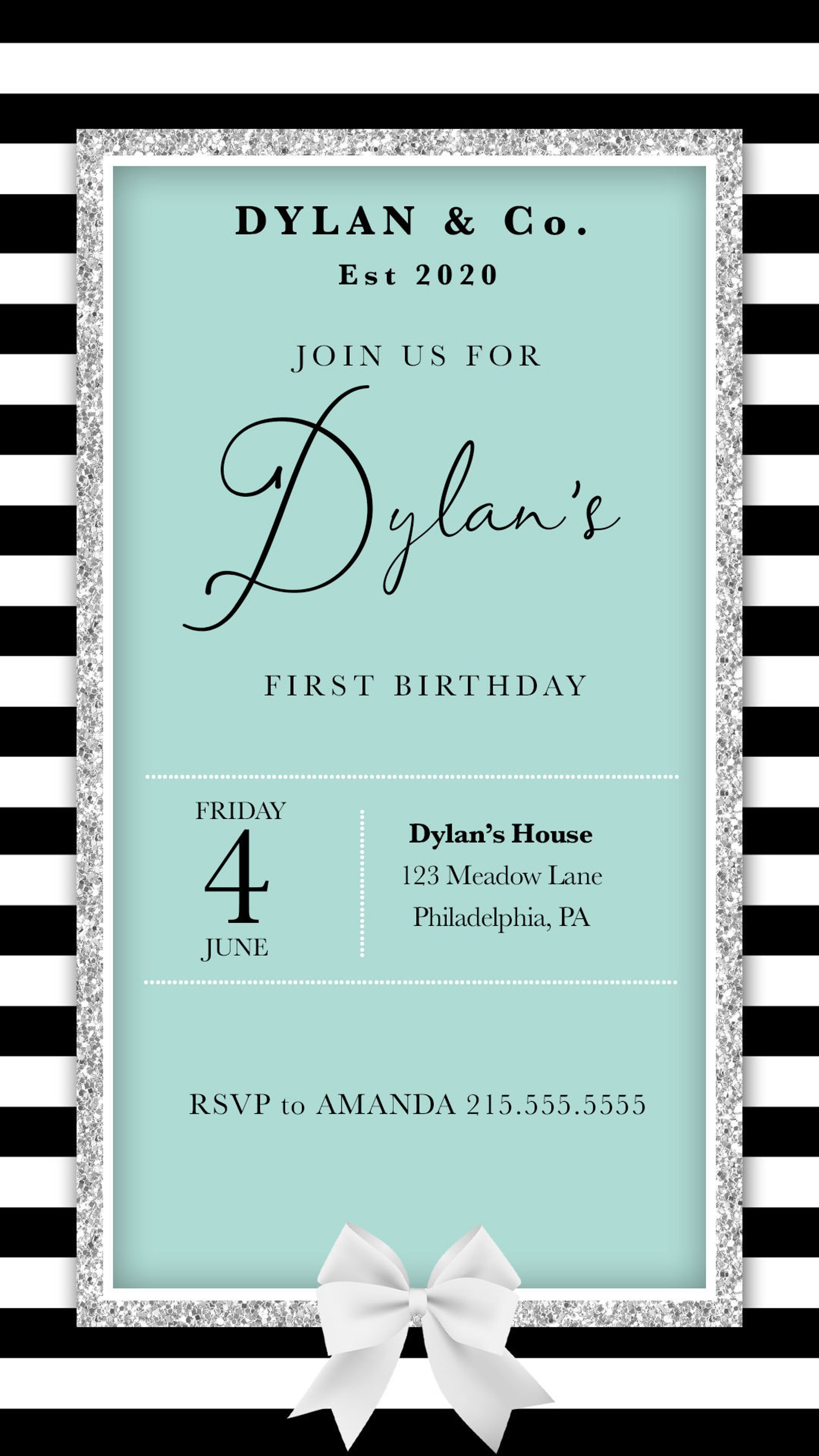 Birthday and Co. White Bow Classy Robin Blue Party Invitation, 1st ...