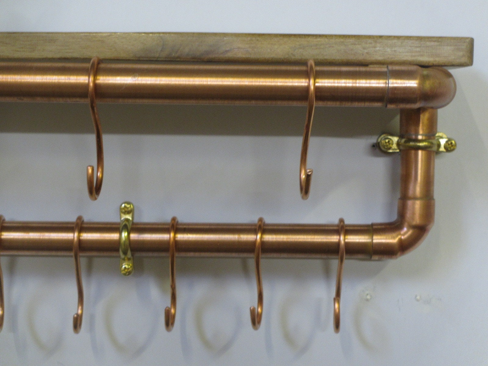 Copper kitchen utensil/pan hanging rail and over shelf with | Etsy