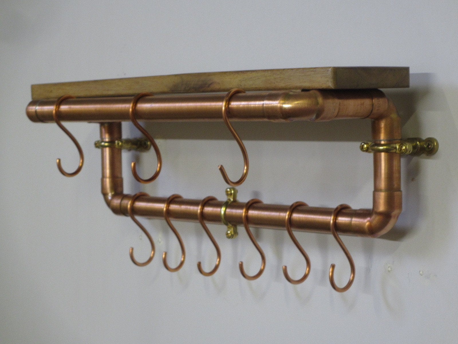 Copper kitchen utensil/pan hanging rail and over shelf with | Etsy