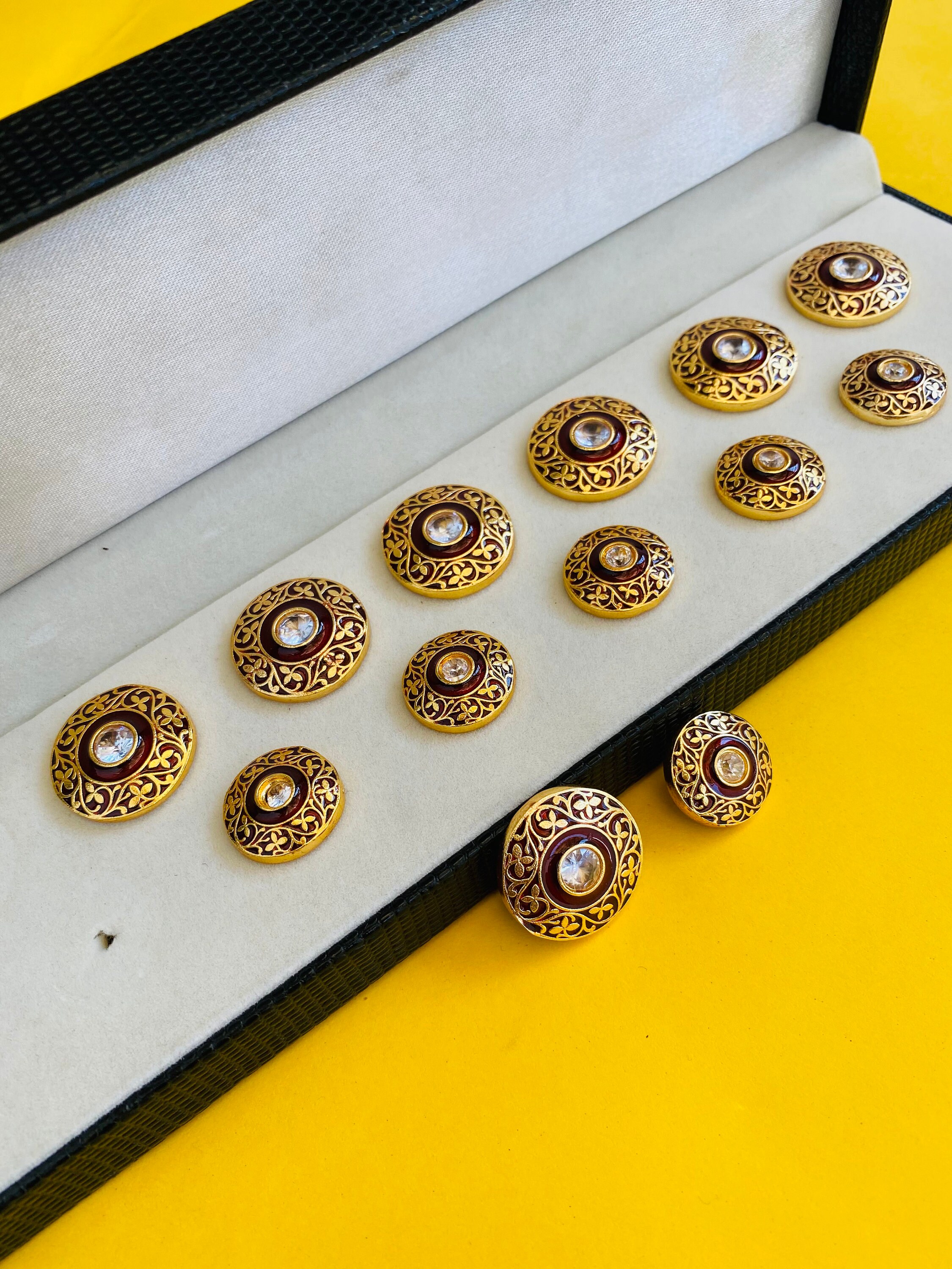 Sherwani Button-kundan Handmade Vintage Gold Meenakari Button Set of 13 ...