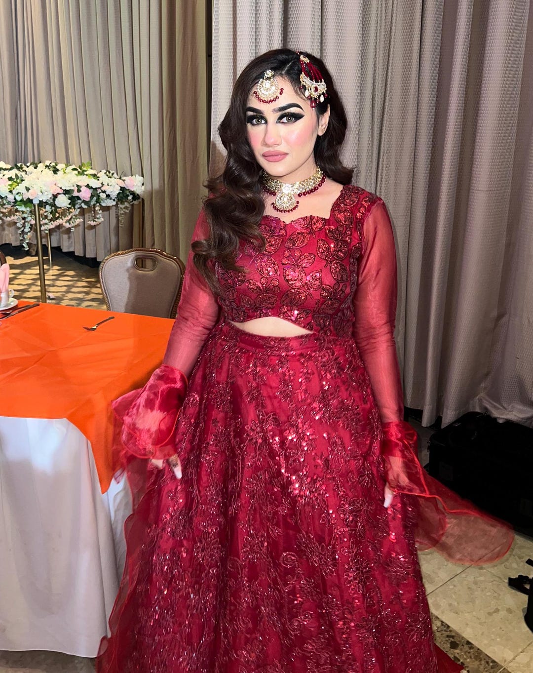 Red Shimmer Lehnga Choli & Ruffle Dupatta Mehndi Baraat Pakistan Indian ...