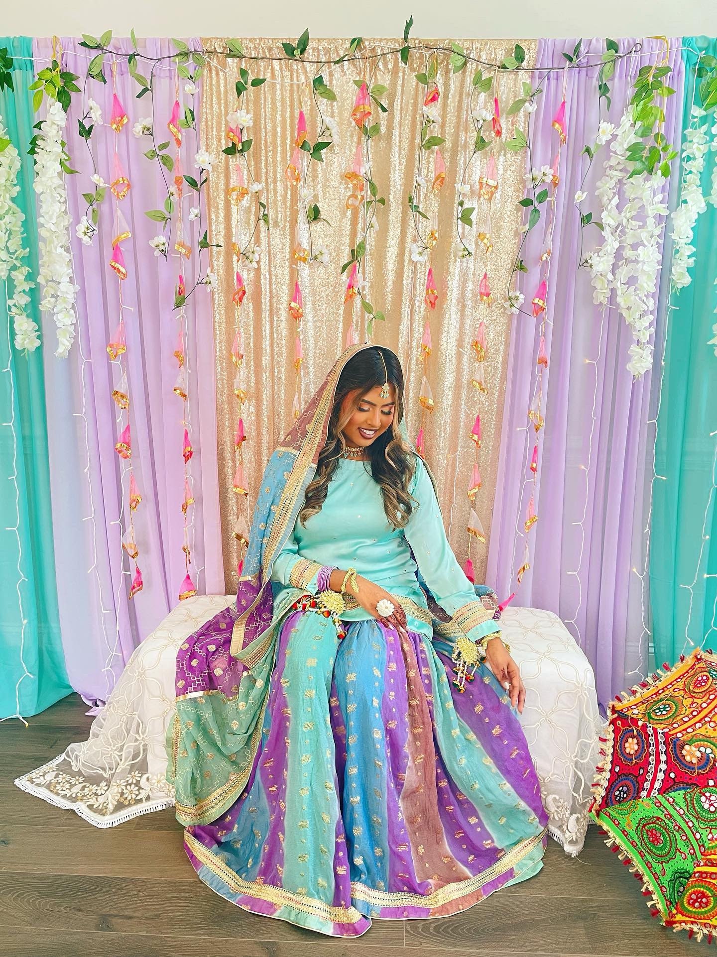 Pakistani Indian Bridal Dholki Mehndi 3 Piece Garara Set Blue Purple ...