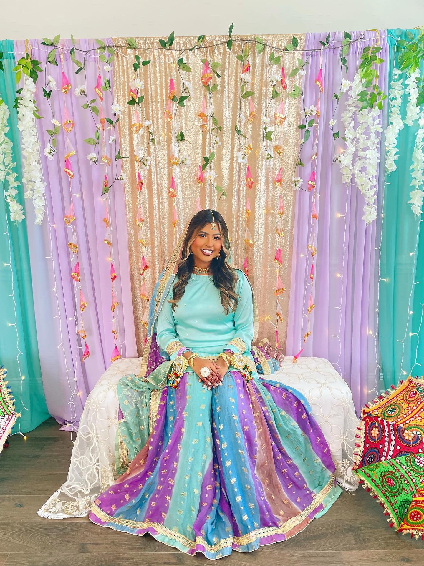 Pakistani Indian Bridal Dholki Mehndi 3 Piece Garara Set Blue Purple ...