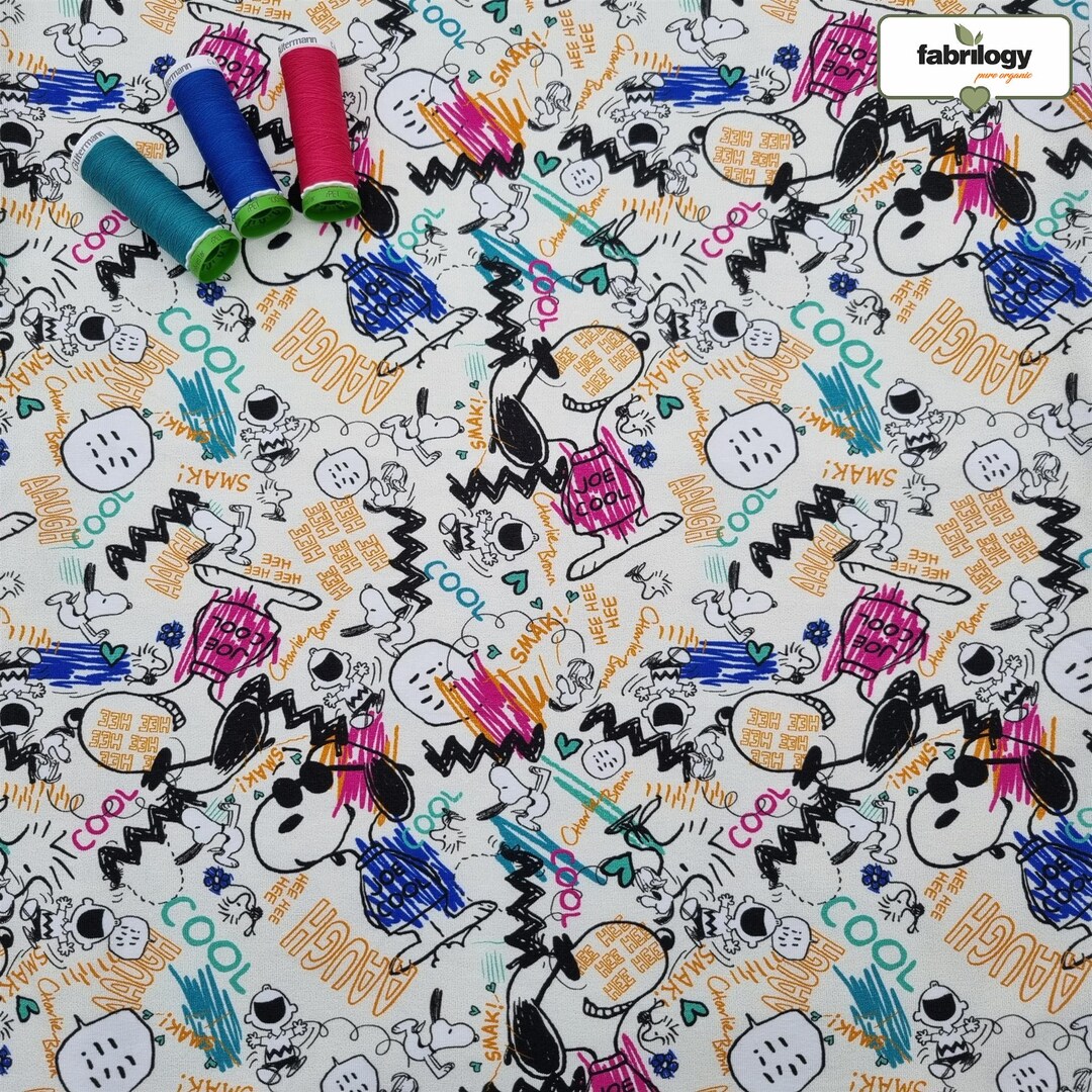 GOTS BIO Stretch Jersey Peanuts Snoopy Happy Sketch on Nude Gray by ...