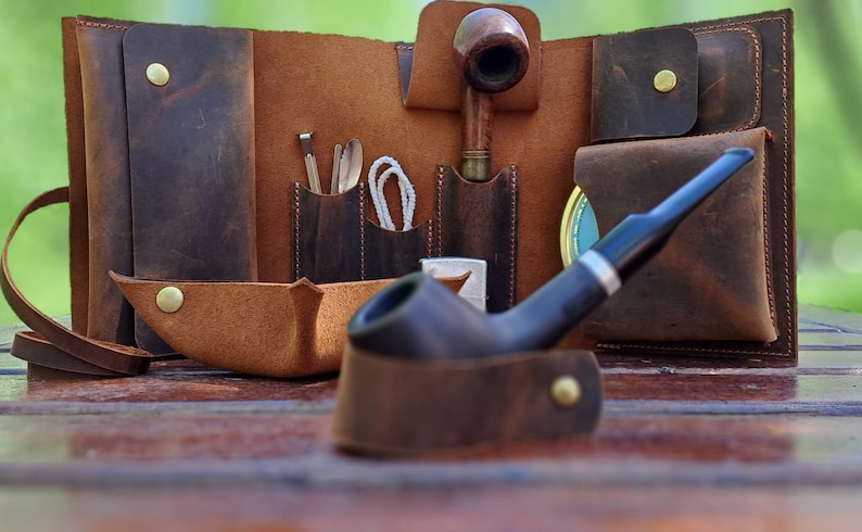 Handmade Leather Pipe Roll up Set, Tobacco Pouch & Stand - Etsy