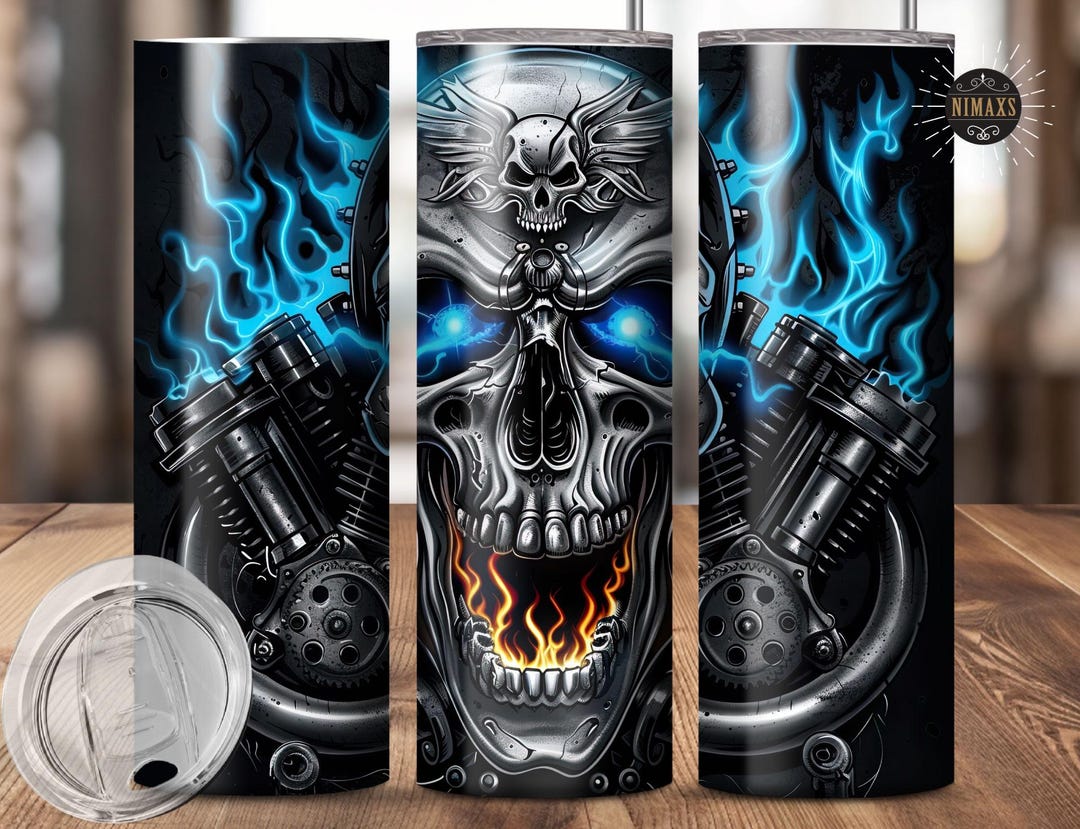 Neon Flame Biker Skull Tumbler Wrap: Gothic Motorcycle Design (PNG) - Etsy