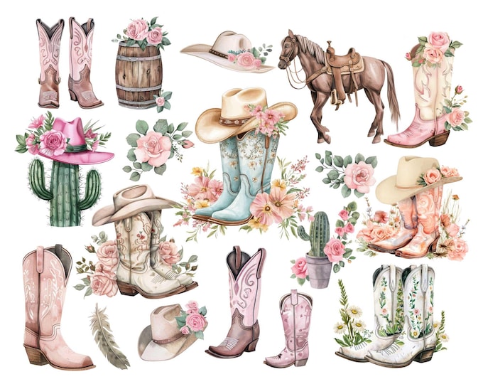 Watercolor Cowgirl Clipart-western Illustration-wild West-cowgirl Boots ...