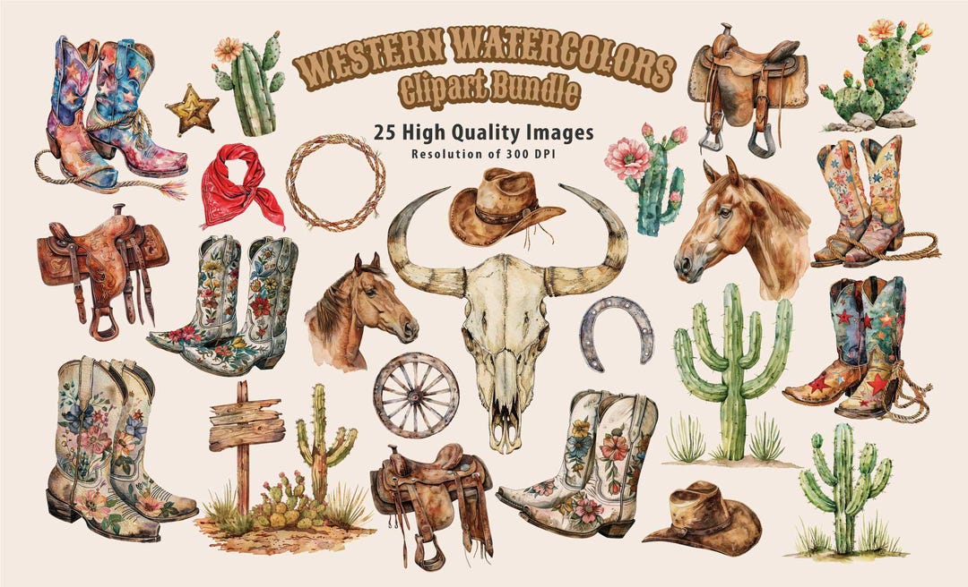 Western Watercolor Clipart Bundle: Cowboy Boots, Horses, Cactus (PNG ...