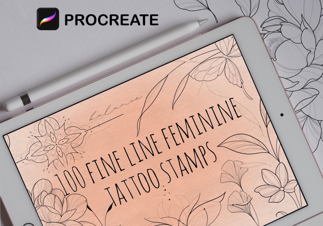 100 Feminine Fine Line Tattoo Procreate Stamp Set, Delicate Ornaments ...
