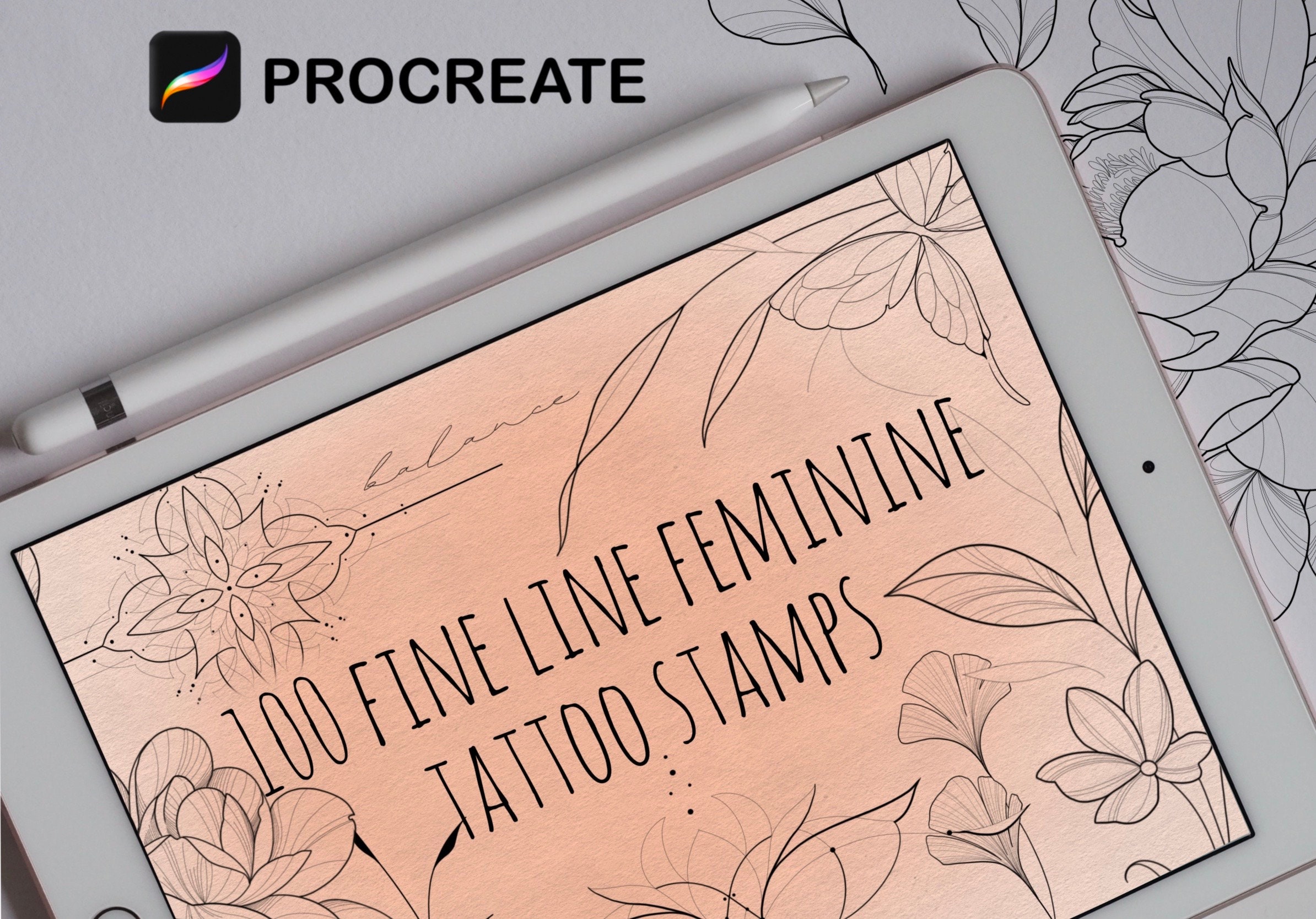 100 Feminine Fine Line Tattoo Procreate Stamp Set, Delicate Ornaments and Flowers Brush Set - Etsy