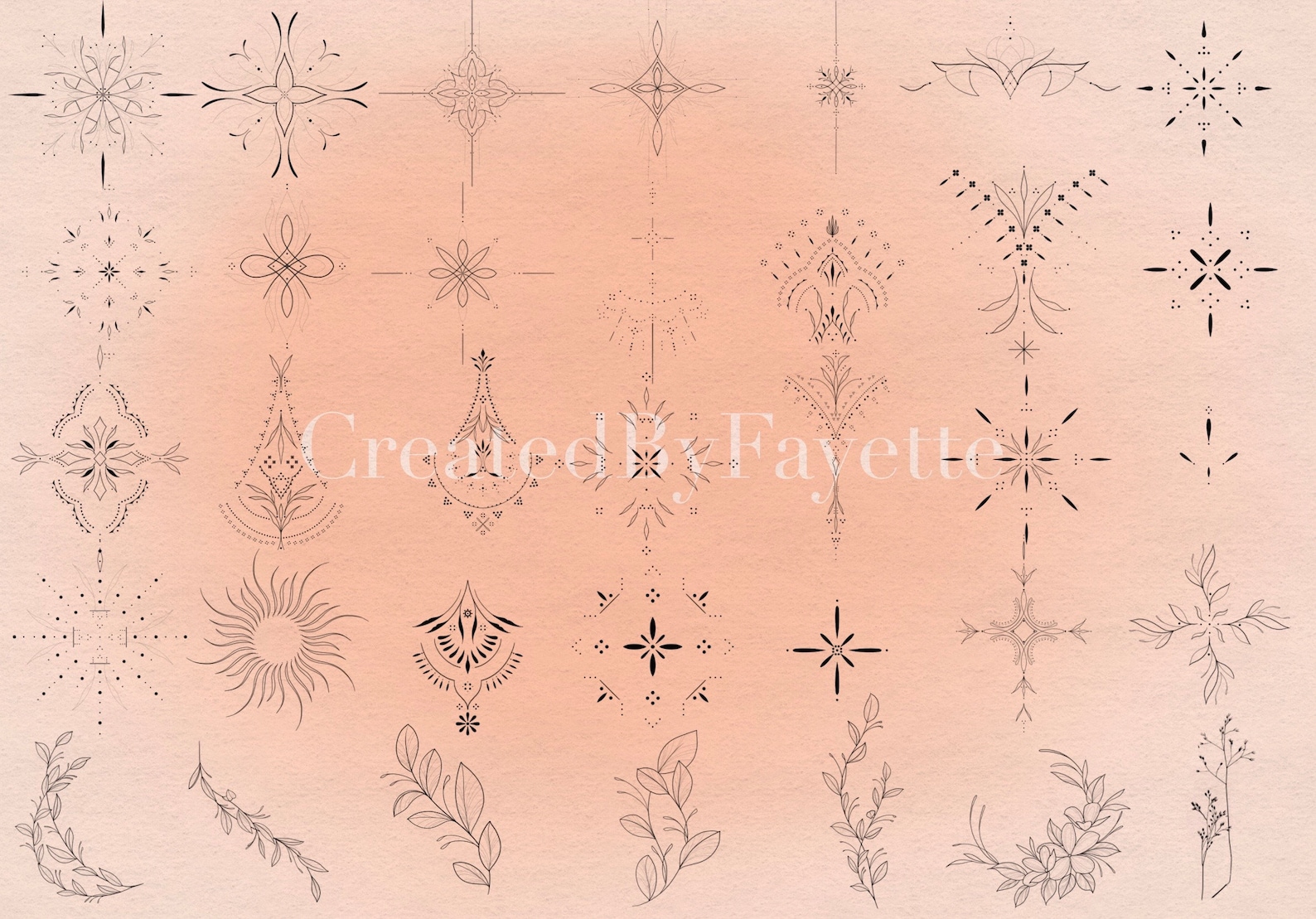 100 Feminine Fine Line Tattoo Procreate Stamp Set, Delicate Ornaments ...