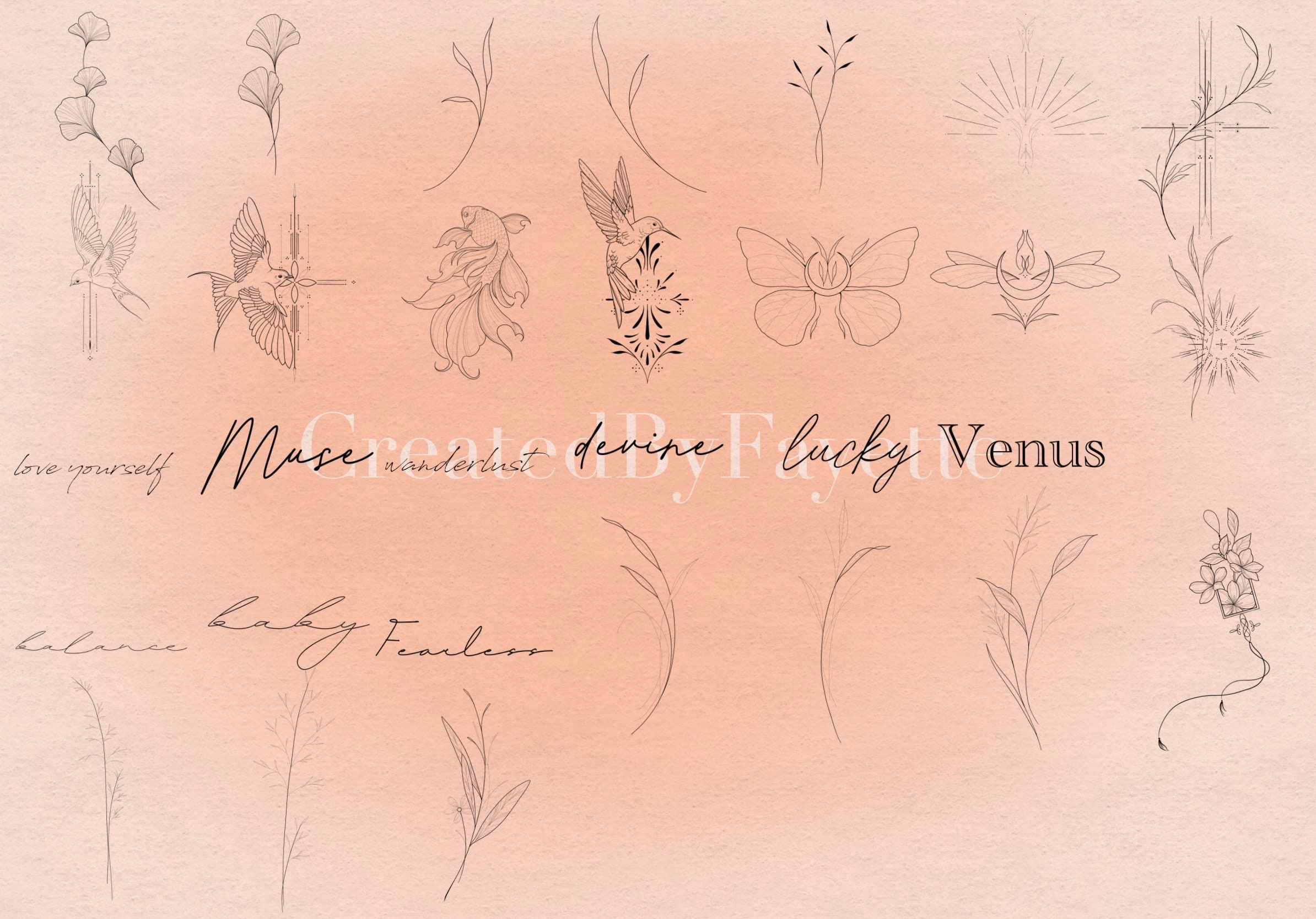 100 Feminine Fine Line Tattoo Procreate Stamp Set, Delicate Ornaments ...